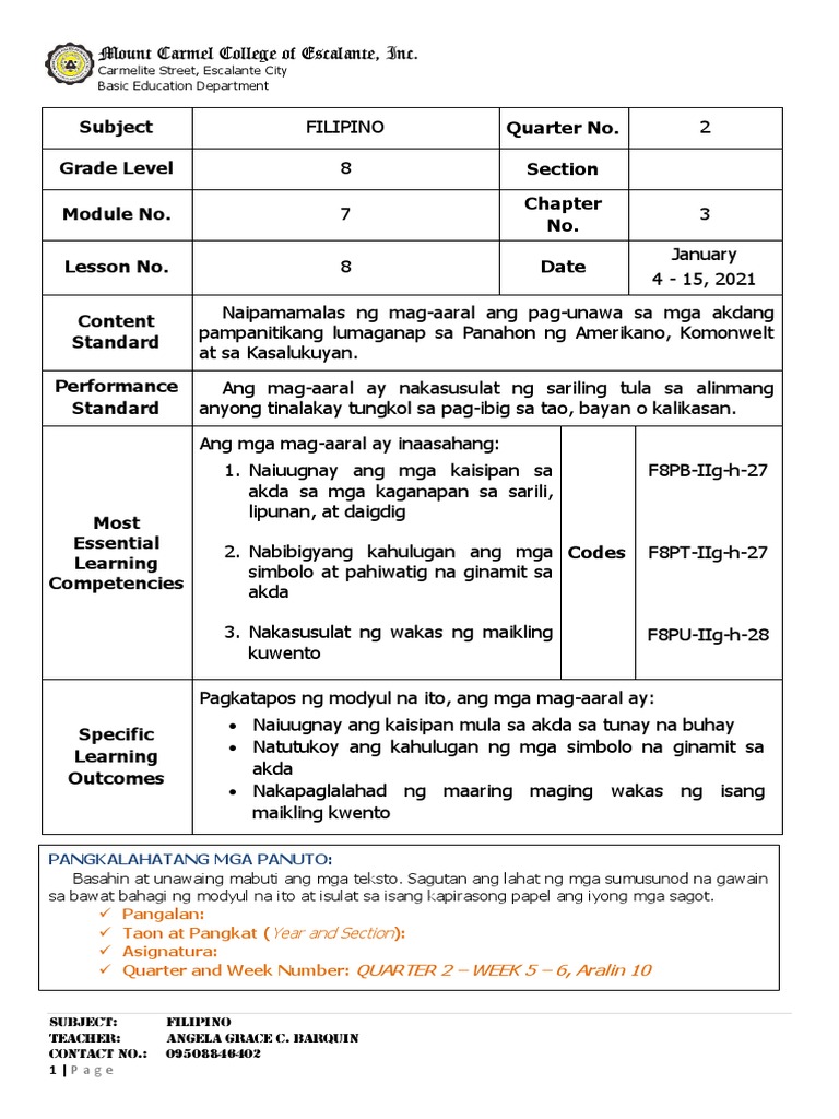 Filipino 8 - q2, W 5-6 | PDF