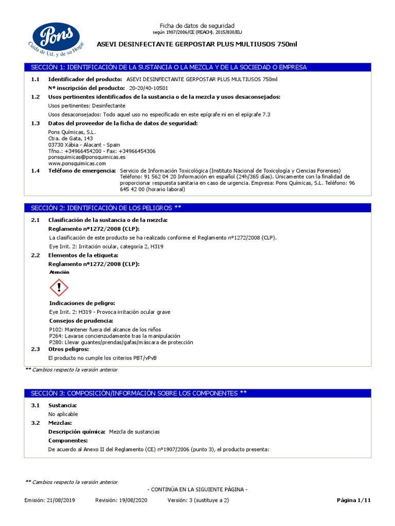 Ficha Seguridad Desinfectante ASEVI | PDF | Toxicidad | Agua