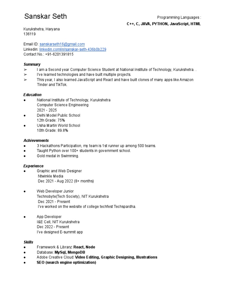 Sanskar Resume | PDF