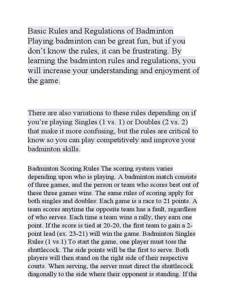 Basic Badminton Rules Explained | PDF