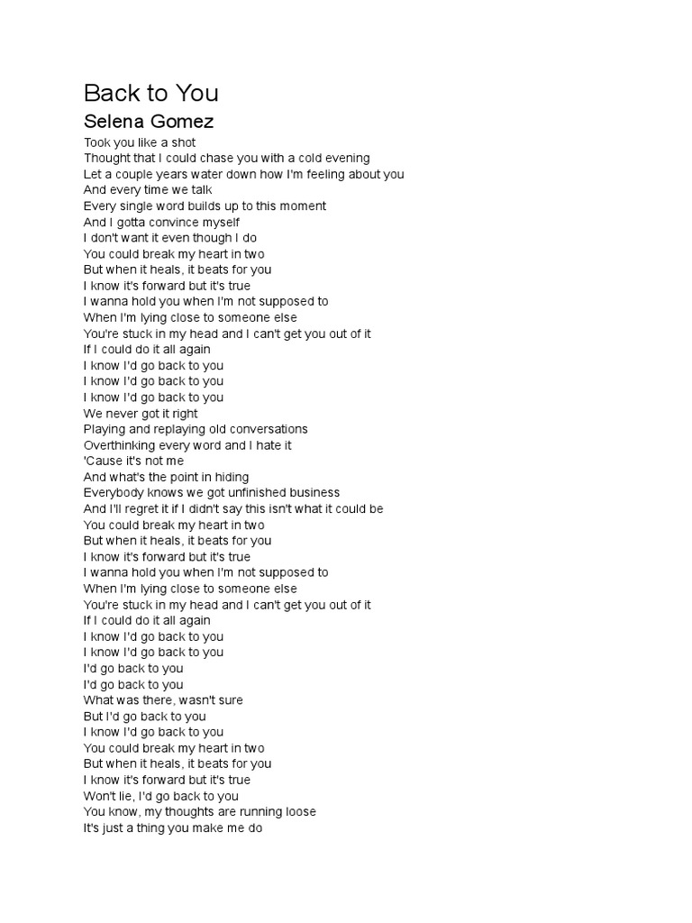 Back To You - Selena Gomez (Lyrics) | PDF
