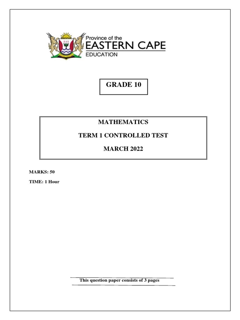 Grade 10 Maths Term 1 Test 2022 | PDF | Mathematics | Applied Mathematics