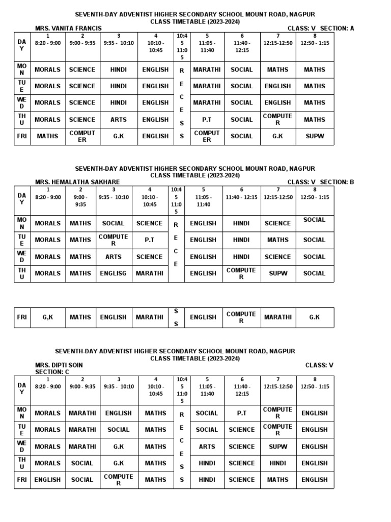Class Time Table - V 2023-2024 | PDF | Seventh Day Adventist Church ...