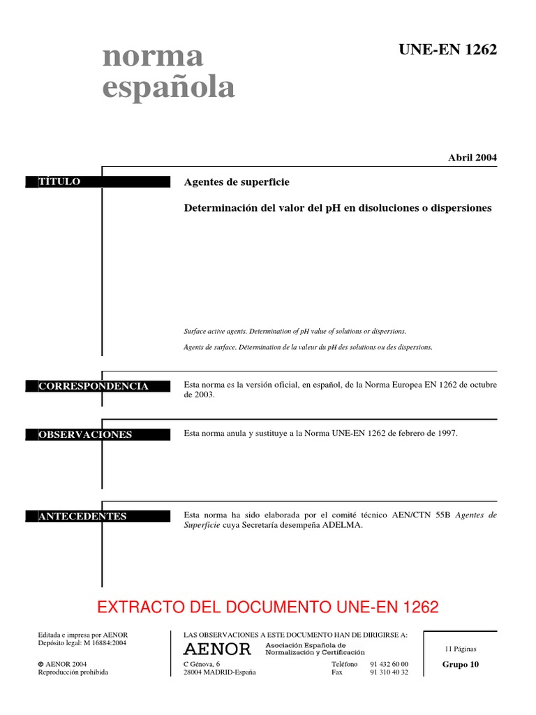 UNE-EN 1262-2004 - PH de Dissoluções e Dispersões | Descargar gratis ...