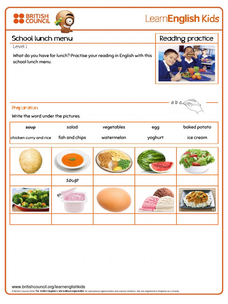 Reading Practice School Lunch Menu Worksheet | PDF | Lunch | Soup