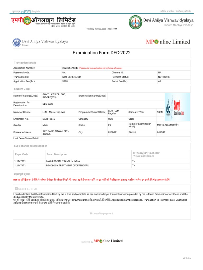 Examination Form Ll.m LLM 1 Sem 22 June 2023 | PDF