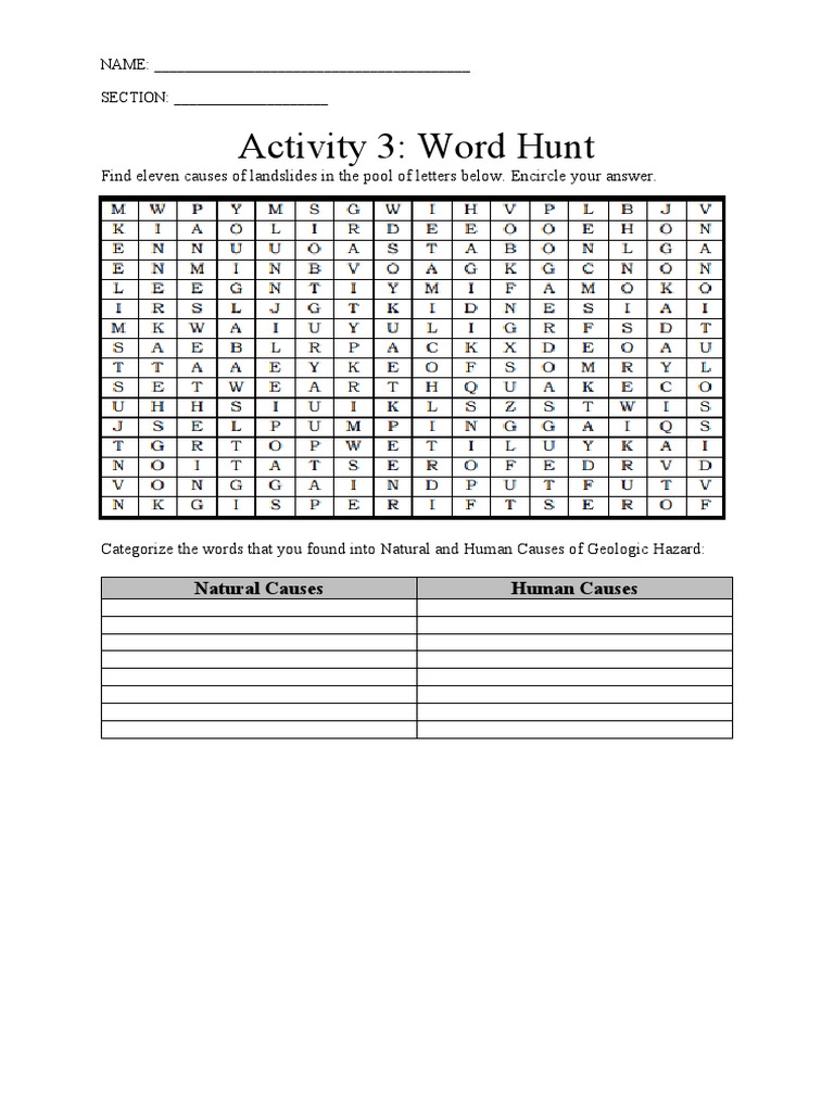 Landslide Causes Word Hunt Activity | PDF | Foreign Language Studies ...
