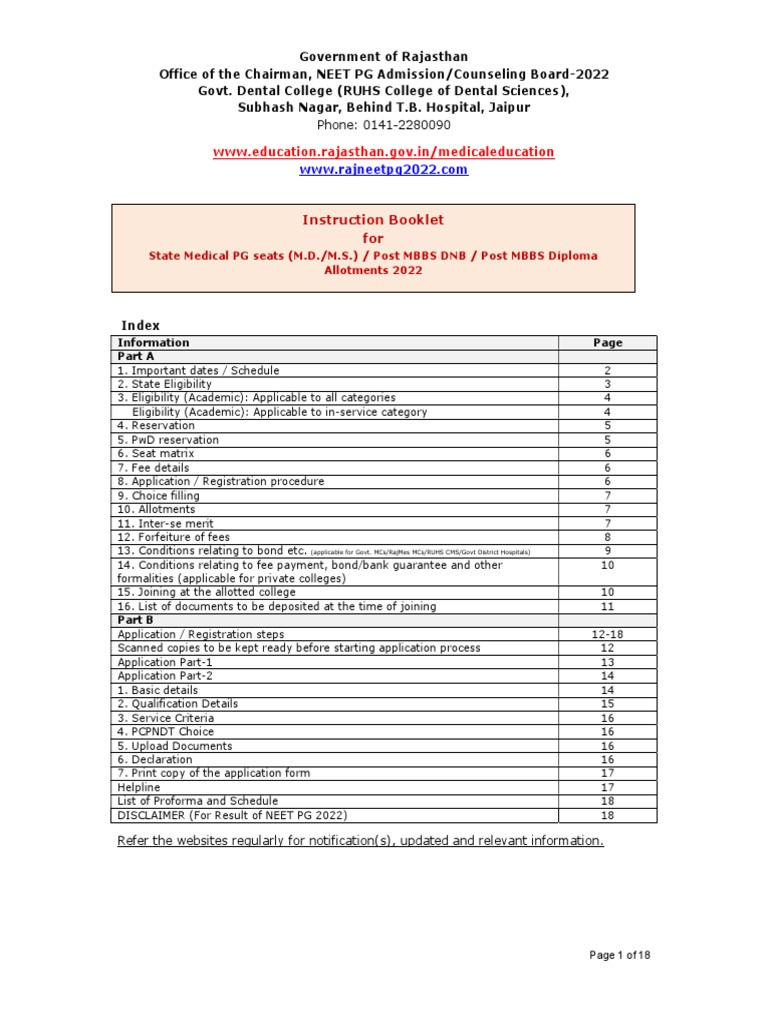 Instructions Booklet Pre PG Med 2022 18.09.2022 For Web All | PDF | Medical Education