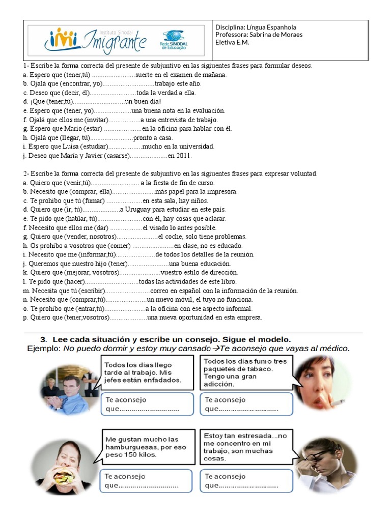 Ejercicios Presente de Subjuntivo 18-06 Eletiva E, M | PDF