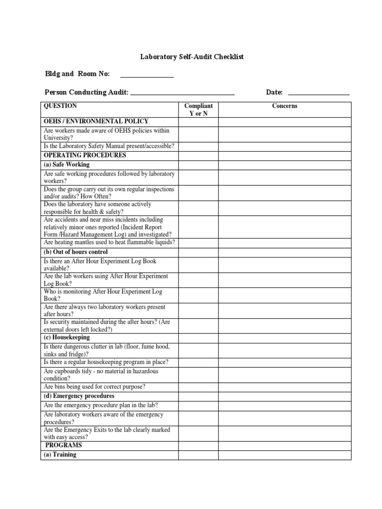 Self Lab Audit Checklist | PDF | Laboratories | Personal Protective ...