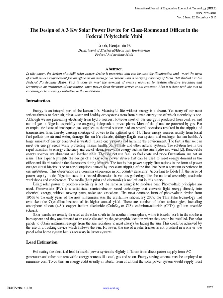 The Design of A 3 KW Solar Power Device For Class Rooms and Offices in ...