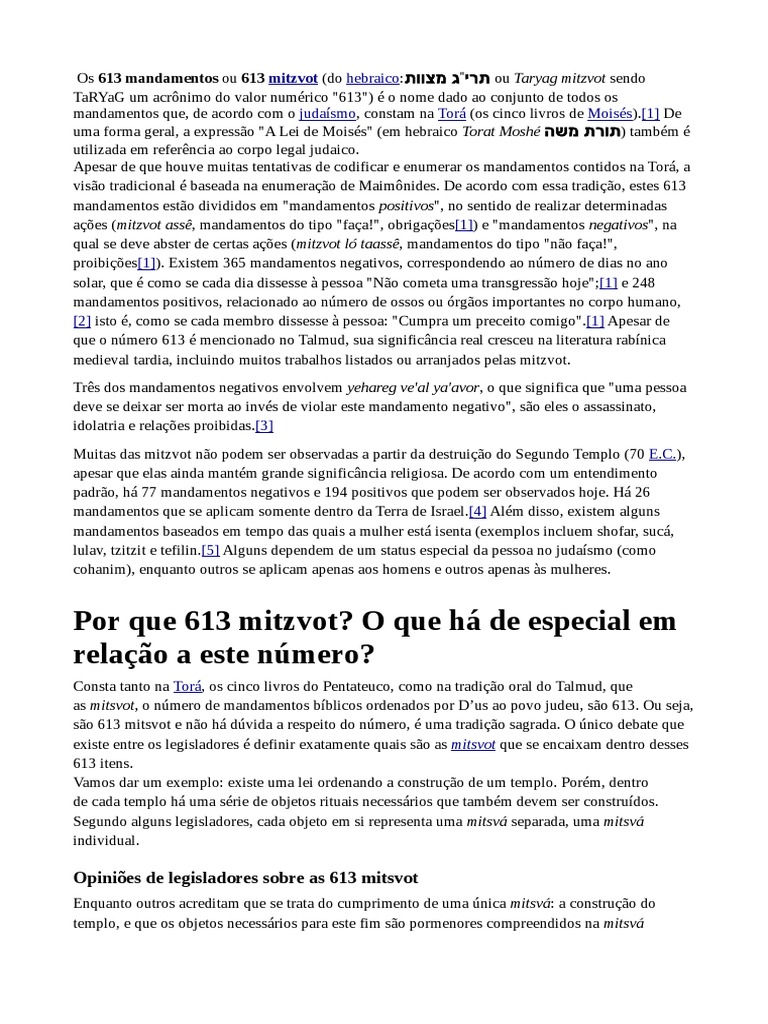613 Mandamentos | PDF | Judeus e judaísmo | Leis e rituais judaicos