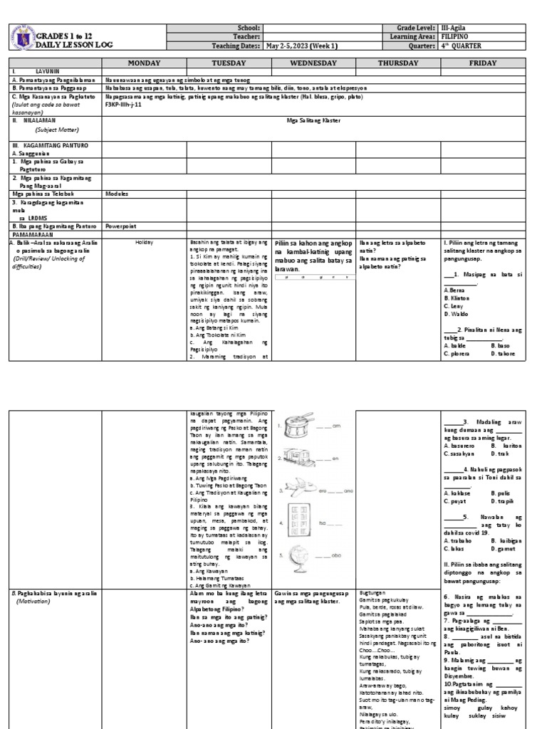 DLL - Filipino 3 - Q4 - W1 | PDF