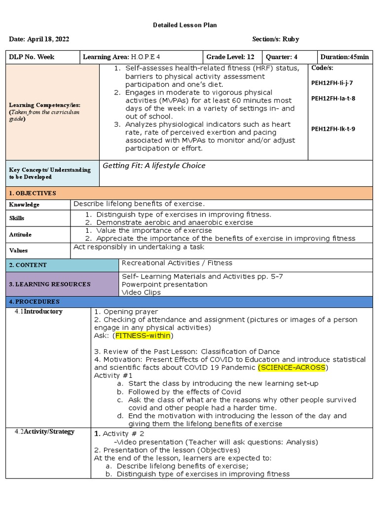 Nario - Lesson Plan SHS | PDF | Physical Fitness | Aerobic Exercise