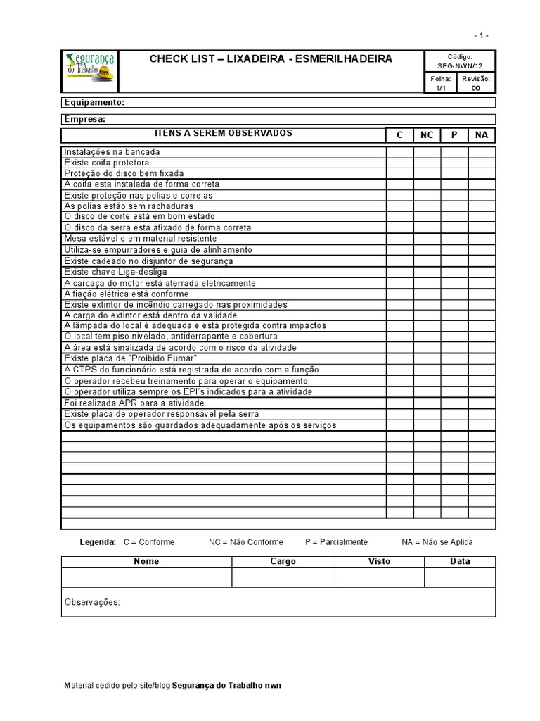Check List Esmerilhadeira | PDF