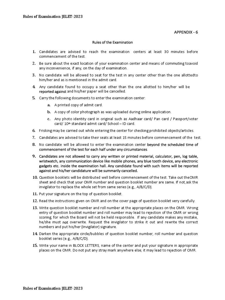 Rules of Examination JELET-2023 | PDF | Identity Document