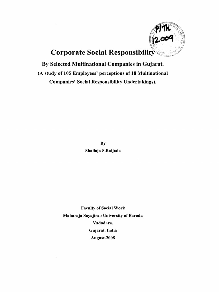 Corporate Social Responsibility: by Selected Multinational Companies in Gujarat | PDF ...