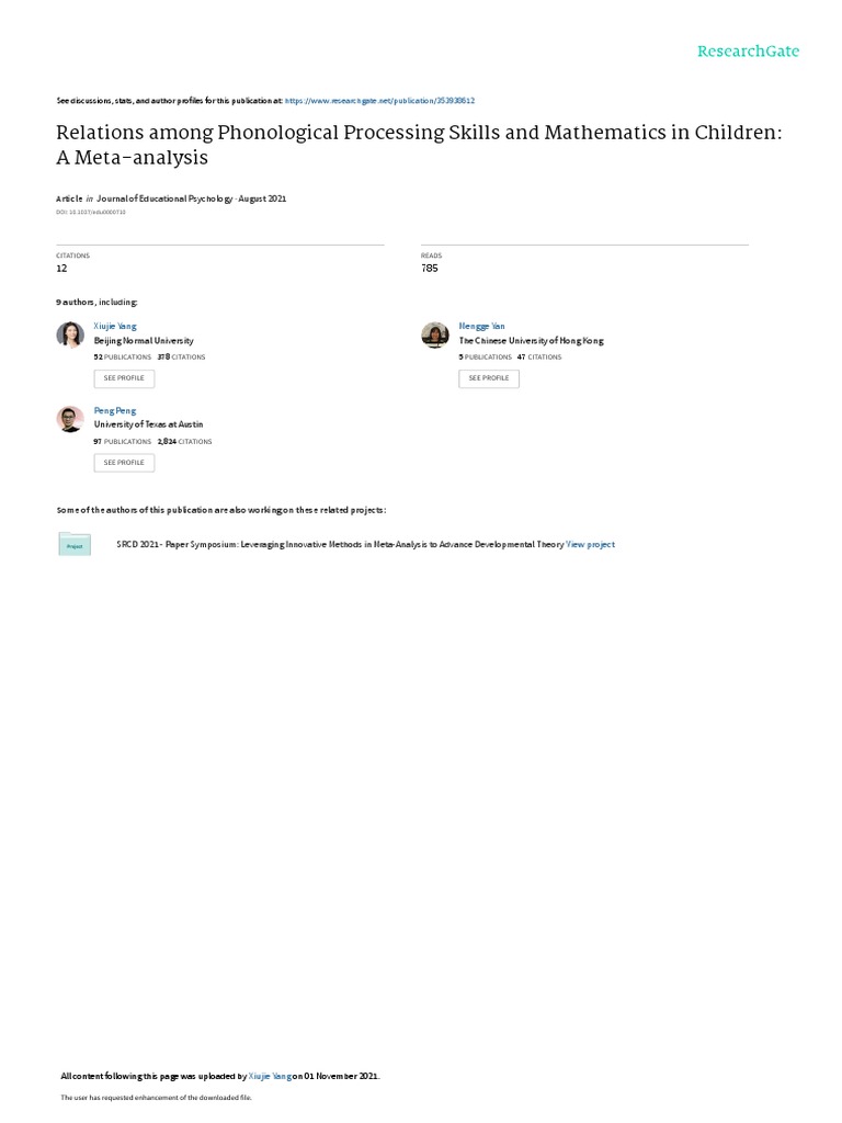 Relations Among Phonological Processing Skills and Mathematics in Children: A Meta-Analysis ...