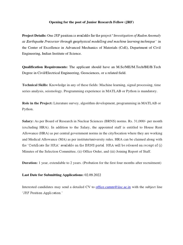 JRF Vacancy Advertisement | PDF