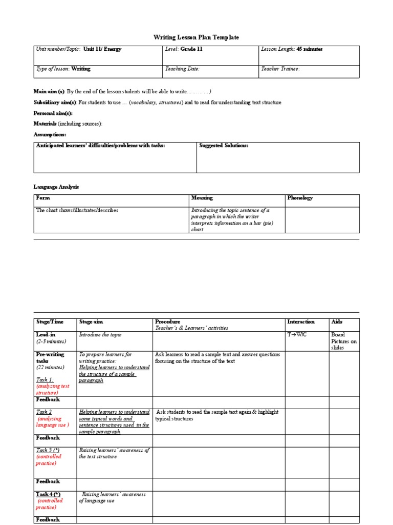 Writing Lesson Plan Template | PDF | Lesson Plan | Learning