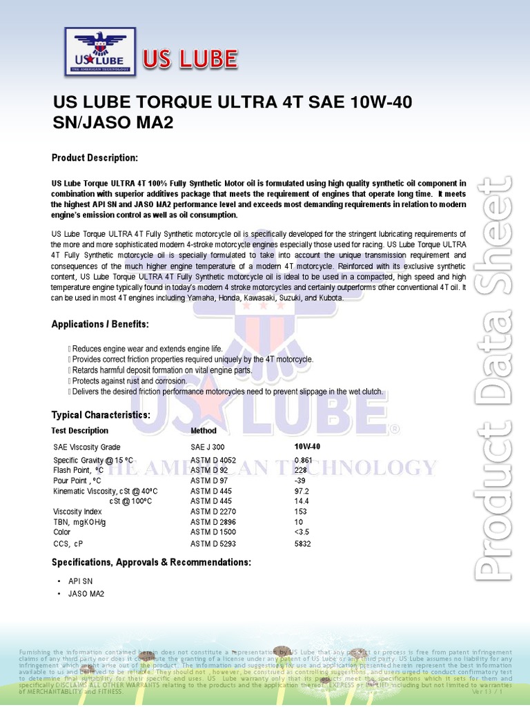 US_LUBE_TORQUE_ULTRA_4T_SAE_10W-40_SN_JASO_MA2_(UA4155) | PDF | Motor ...