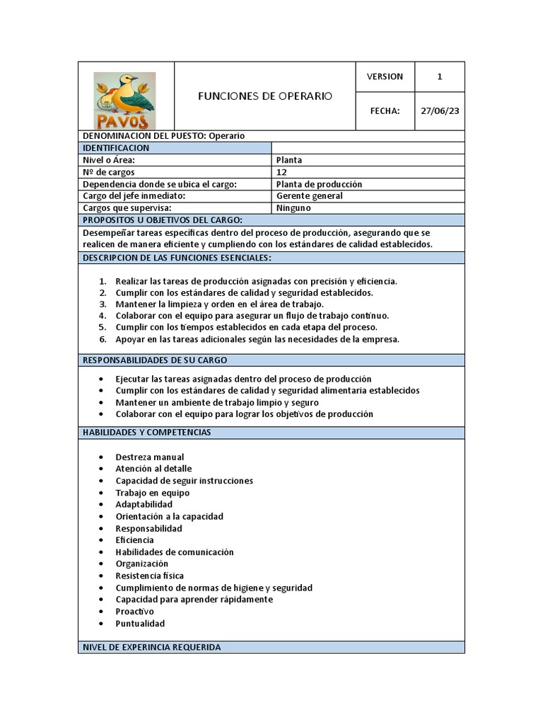 Funciones de Operario | PDF