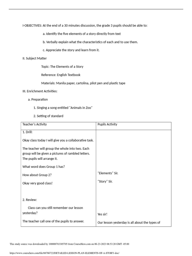 Detailed Lesson Plan Elements of A Story | PDF | Language Arts & Discipline