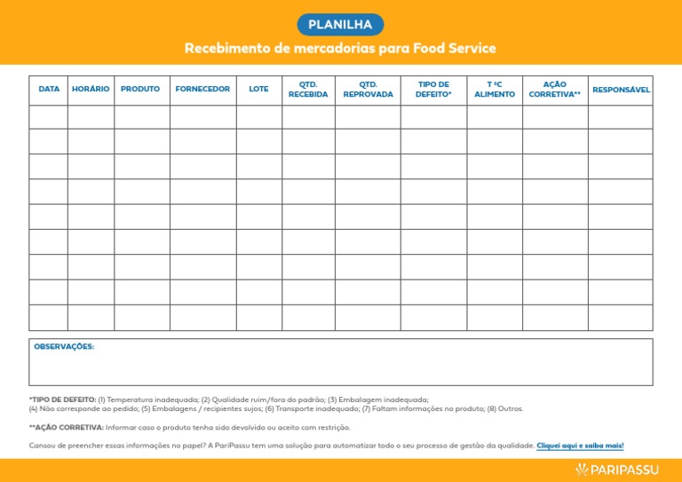 Planilha Recebimento de Mercadorias para Food Service | PDF