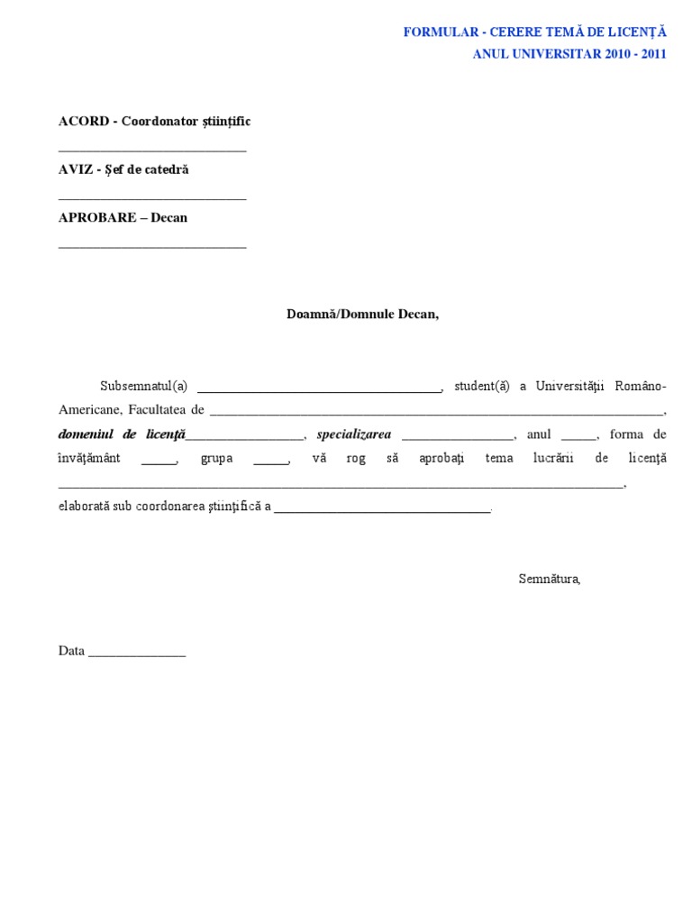 Model Cerere Lucrare Licenta | PDF