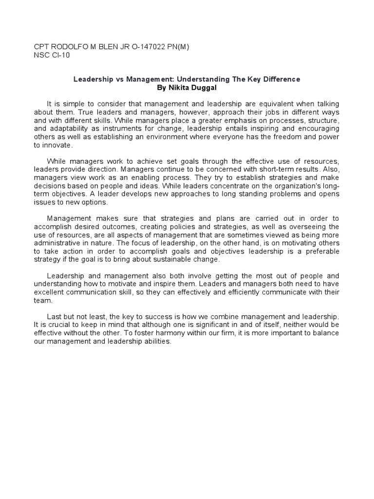 Leadership vs management | PDF