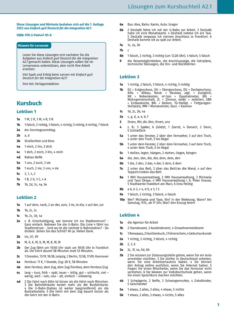 Einfach Gut A2.1 Loesungen Hoertexte KB AB | PDF