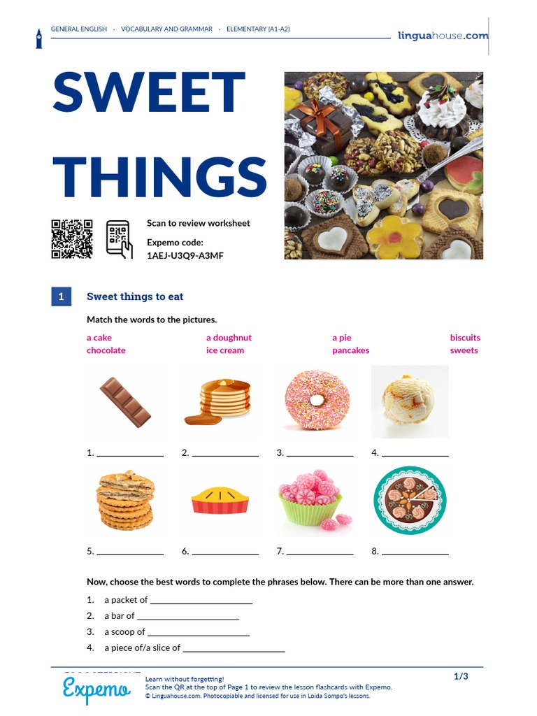 Sweet Things Vocabulary Worksheet | PDF | Subject (Grammar) | Pronoun