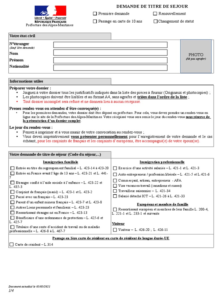 Formulaire de Demande de Titre de Séjour | PDF | Visa (Document ...