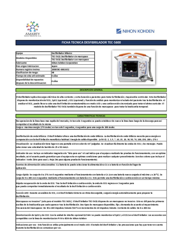 Ficha Técnica Desfibrilador TEC-5631 | PDF | Medicina Interna ...
