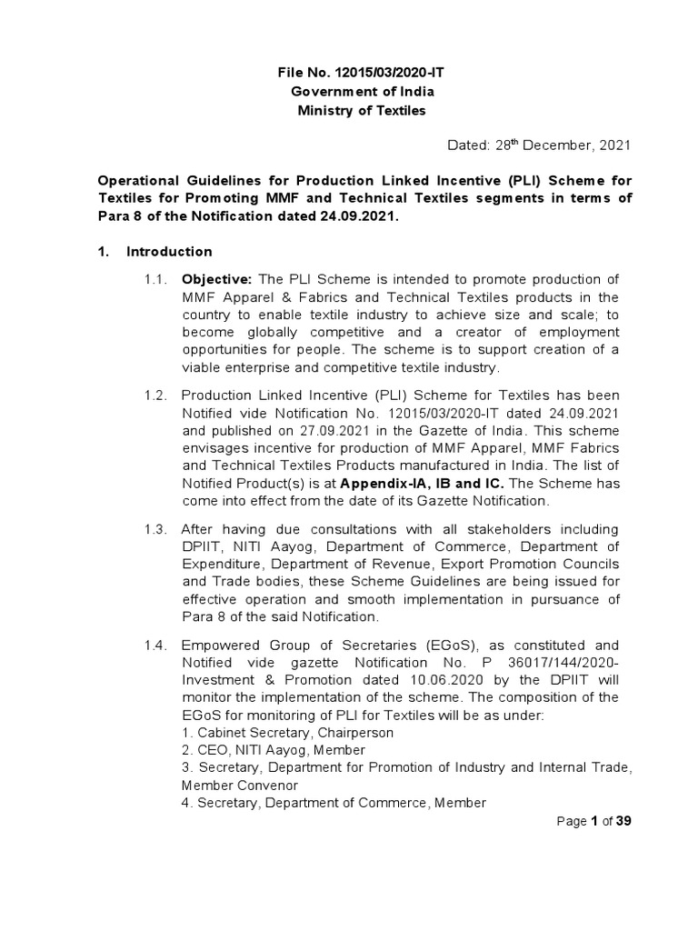 Approved Guidelines for PLI scheme for Textiles | PDF | Audit | Revenue