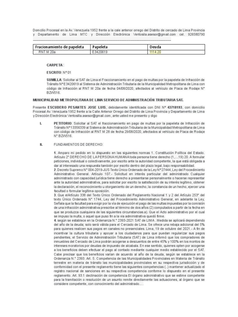 Fraccionamiento de Papeñeta Lima Documento Ex Completo | PDF | Multa (pena) | Lima