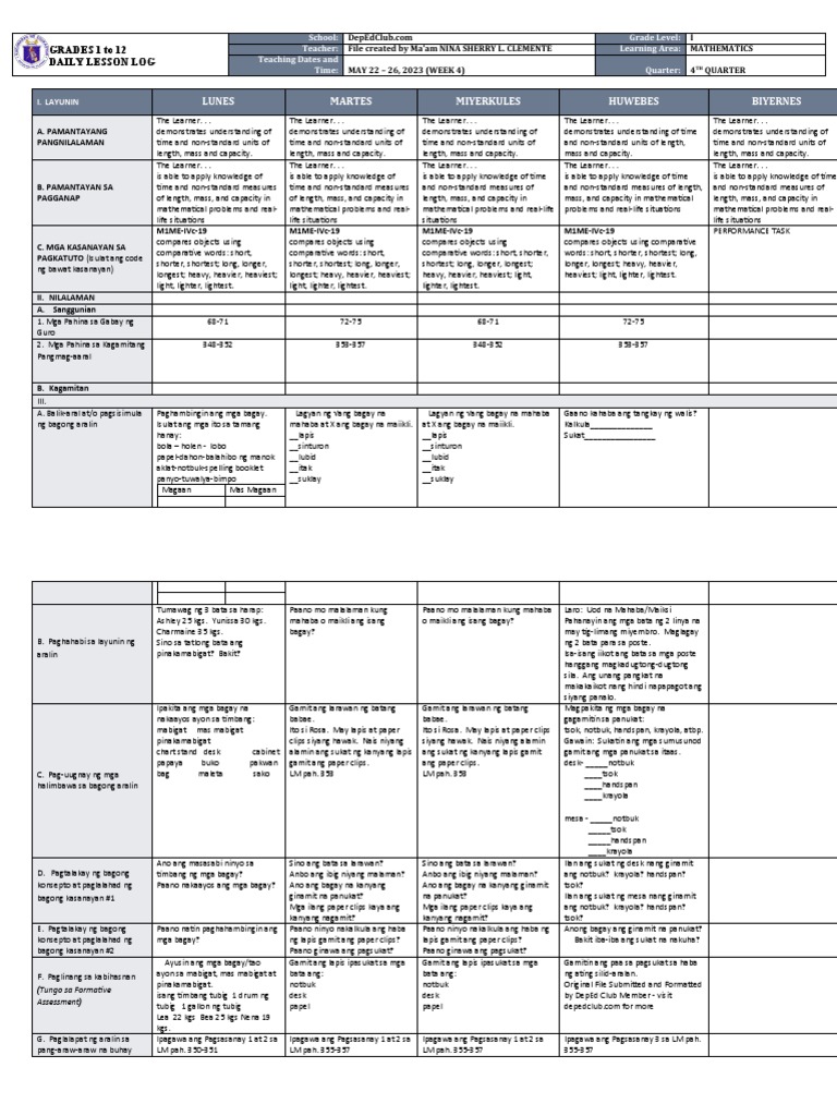 DLL - Mathematics 1 - Q4 - W4 | PDF | Learning | Behavior Modification