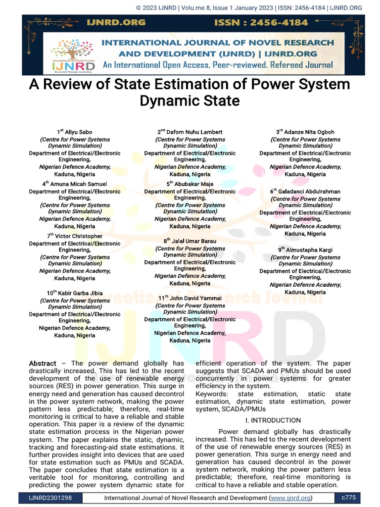 A Review Of State Estimation Of Power System Dynamic State Pdf Electrical Engineering