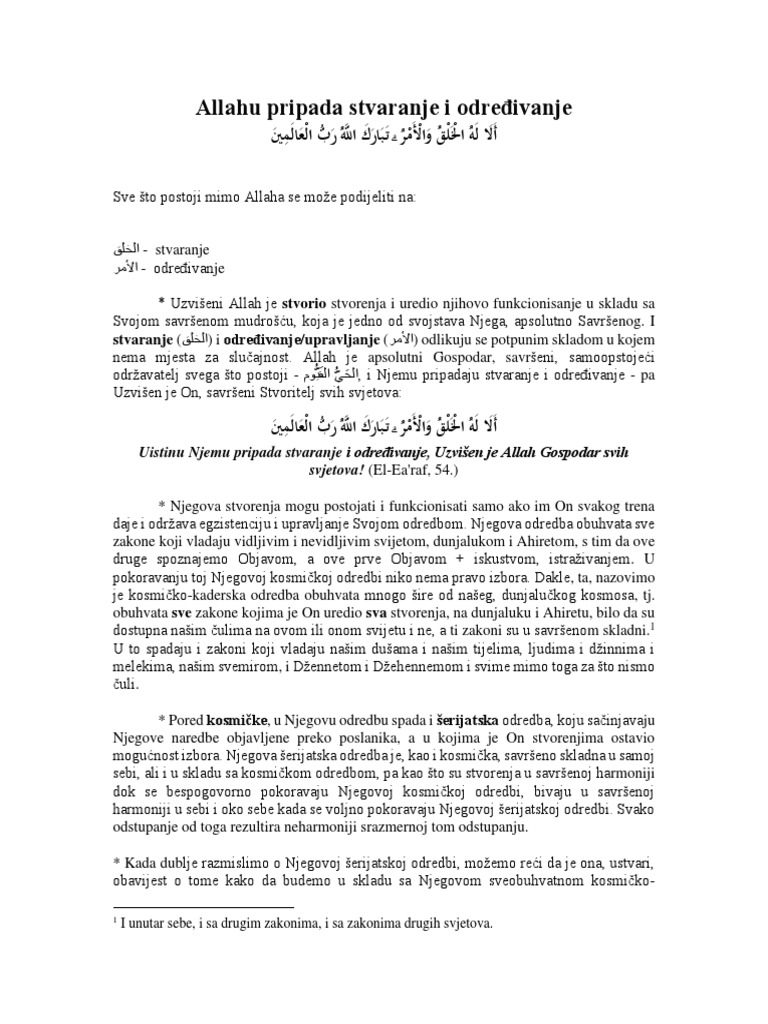 1 Allahu Pripada Stvaranje I Određivanje | PDF