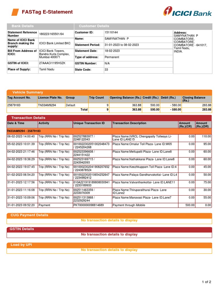 Fastag Statement | PDF | Debits And Credits | Banks
