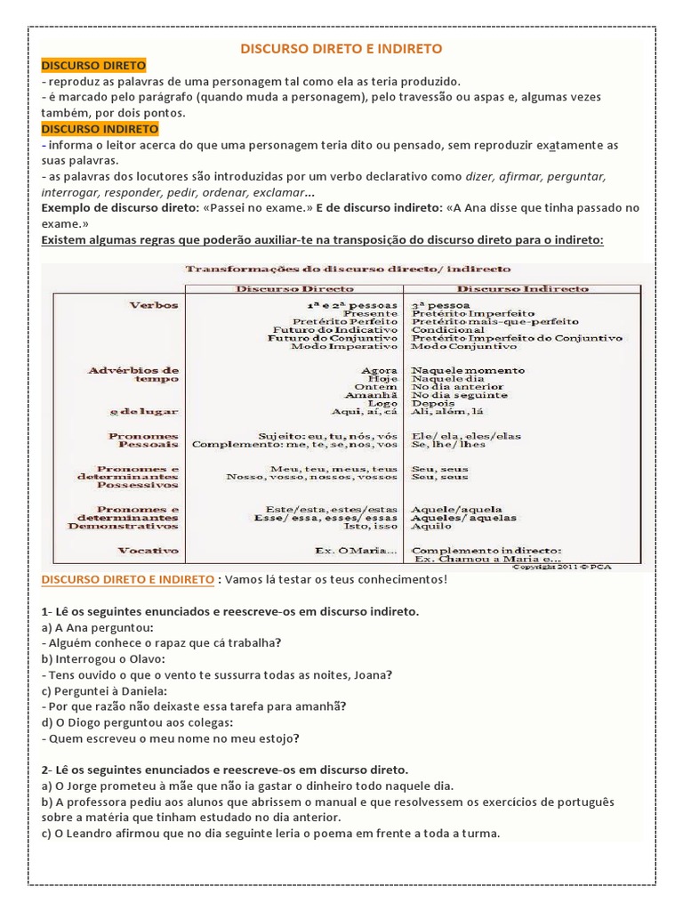 P2 - Discurso Direto e Indireto. Atividades. | PDF