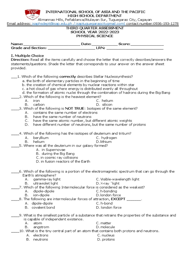 TQ Physical Science | PDF | Chemical Polarity | Atoms