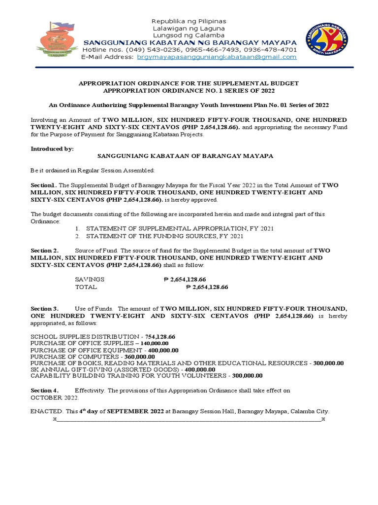 Appropriation Ordinance For The Supplemental Budget | PDF | Philippines ...