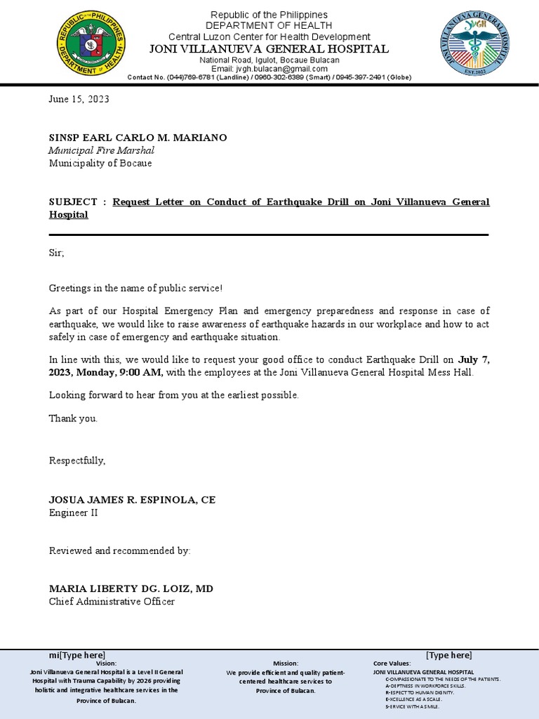 Letter of Request_Earthquake Drill_JVGH | PDF | Emergency Management ...