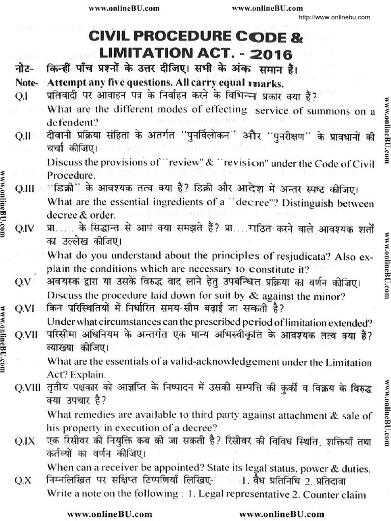 Llb 6 Sem Civil Procedure Code And Limitation Act 2016 Pdf