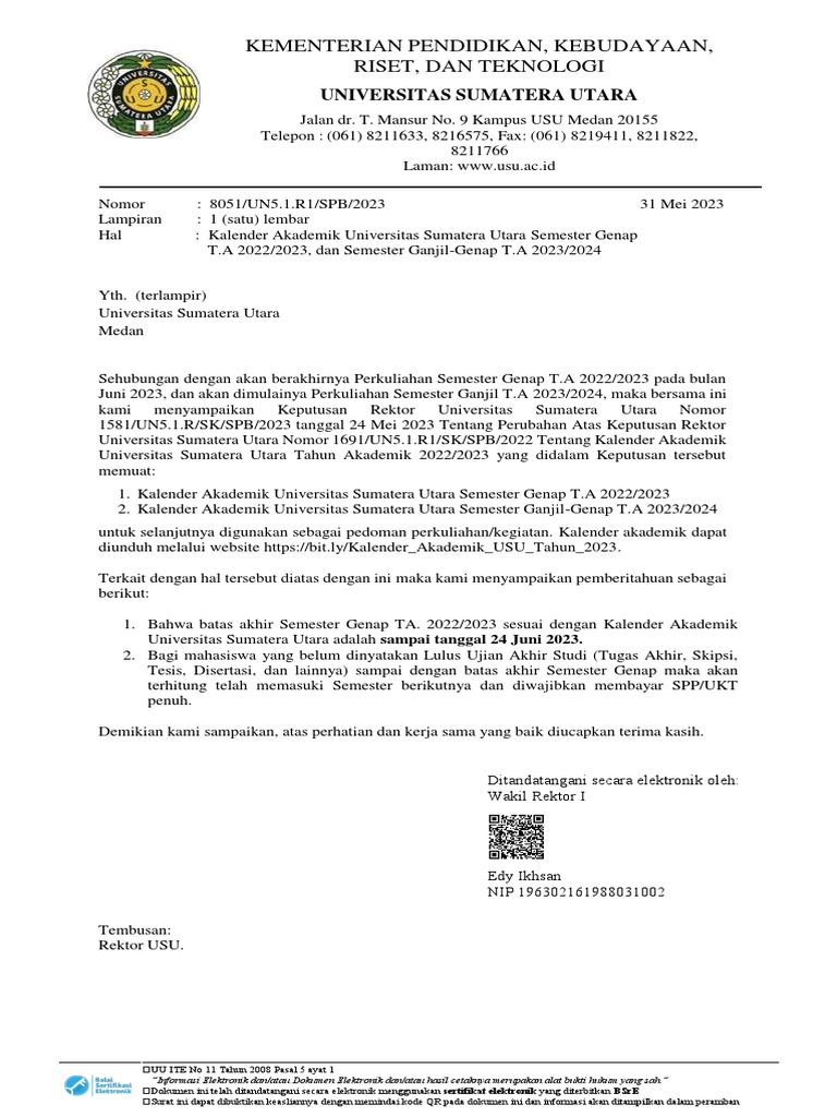 Kalender Akademik USU 2023/2024 | PDF