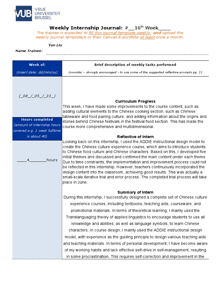 18.appendix 6 - Internship Journal - 22 - 23-Yan 16th Week | Download Free PDF | Instructional ...