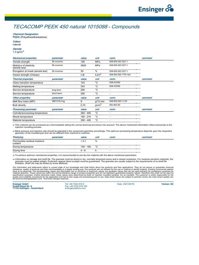 PEEK 450 Technical Data Sheet | PDF | Chemistry | Secondary Sector Of ...
