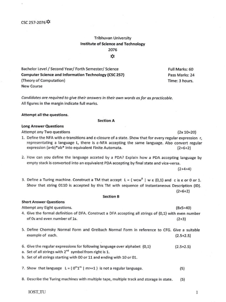 TOC 2076 - Ankit Pangeni | PDF | Computing | Formal Methods