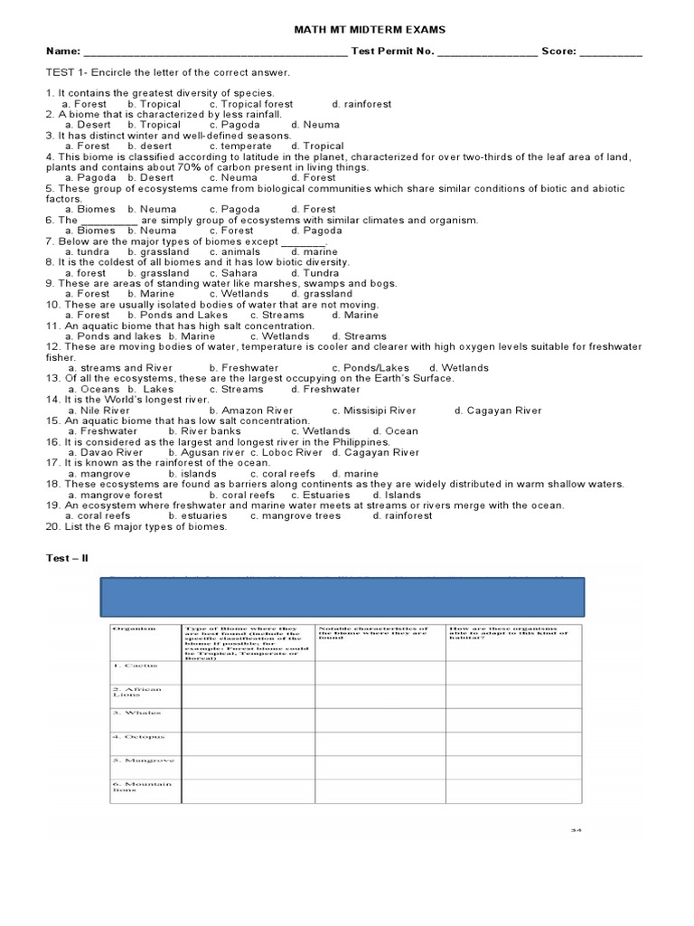 Math MT Midterm Exams | PDF | Forests | Ecosystem